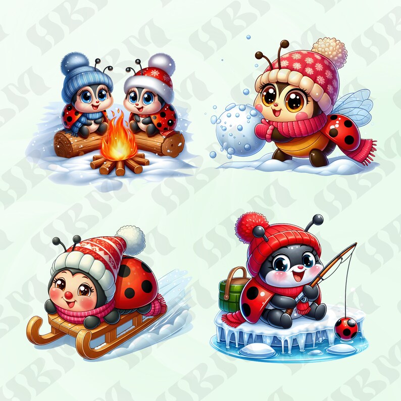 Cute Cartoon Winter Lady Bugs Clipart Bundle, Snow Nursery Decor, Cozy ...