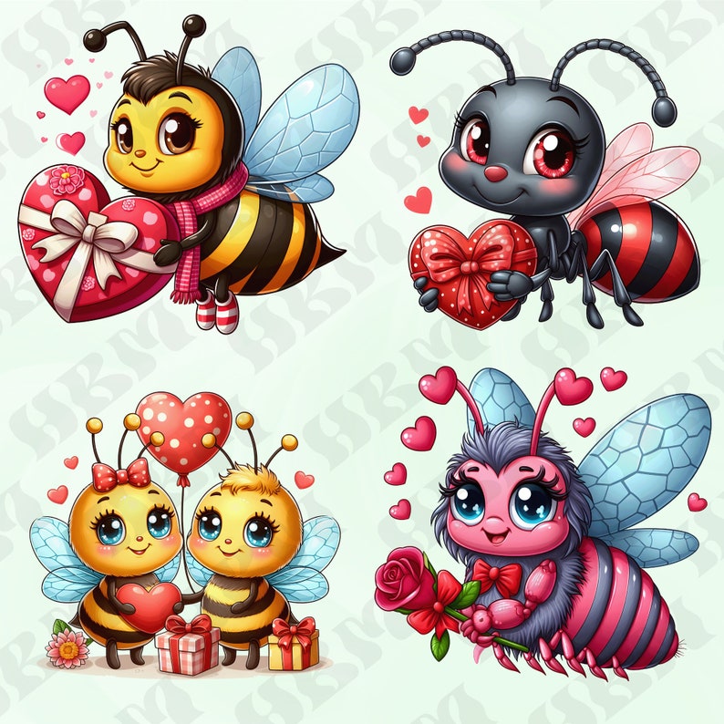 25 Cute Valentines Day Insects Clipart Bundle, Bee Cat Stickers ...