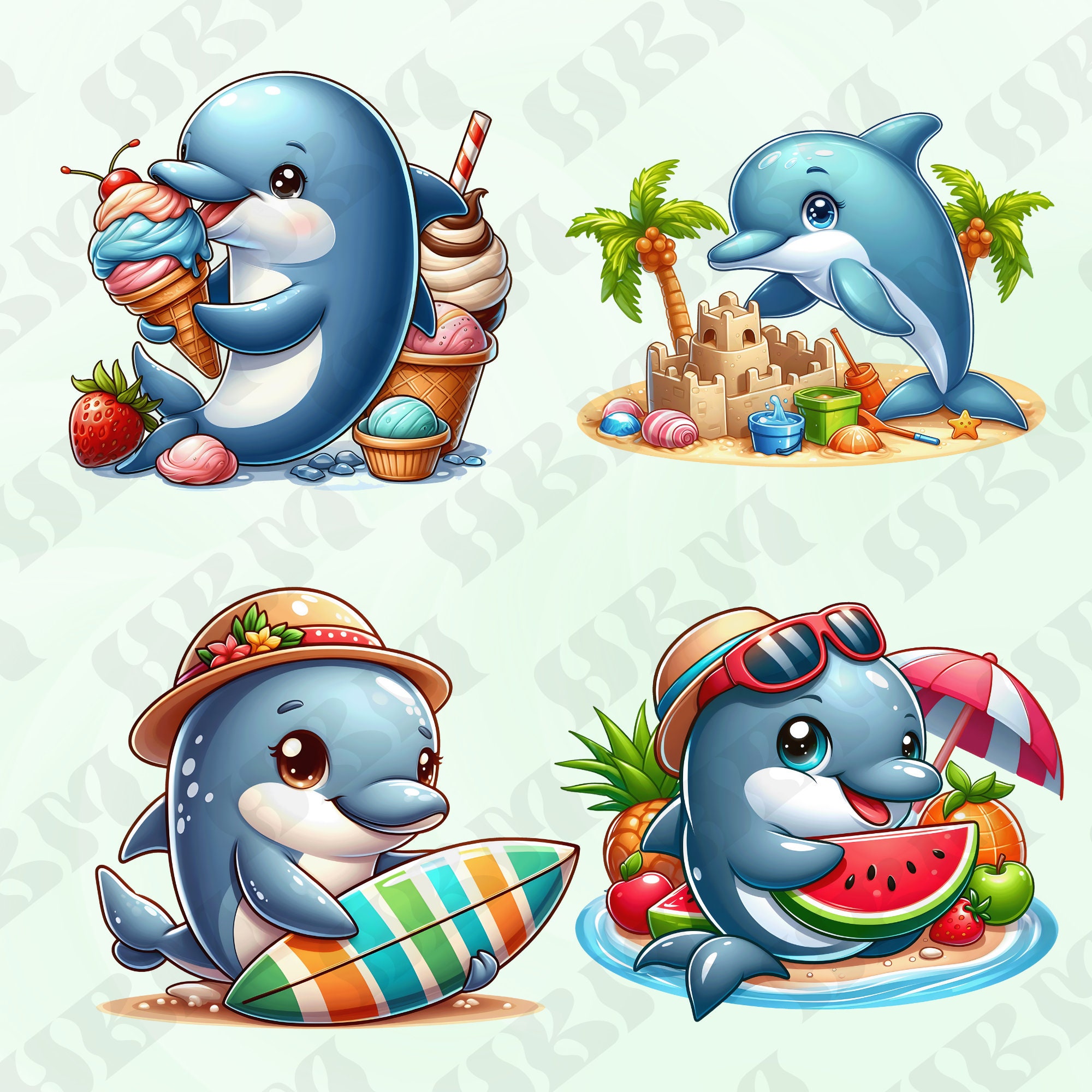 Cute Cartoon Summer Dolphin Clipart Bundle, Surf Nursery Decor, Beach ...