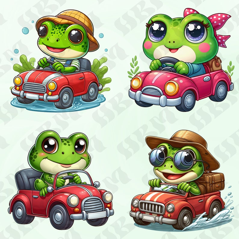 24 Cute Frogs Driving Cars Clipart Bundle, Tadpole Stickers, Adorable ...