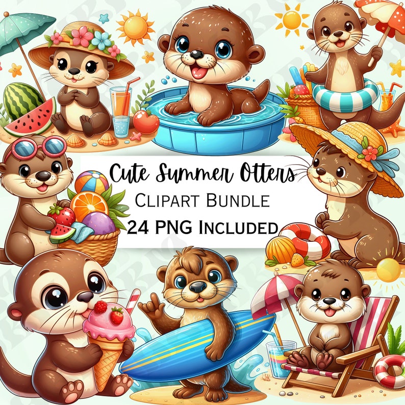 24 Cute Cartoon Otter Summer Clipart Bundle, Surf Nursery Decor, Beach ...