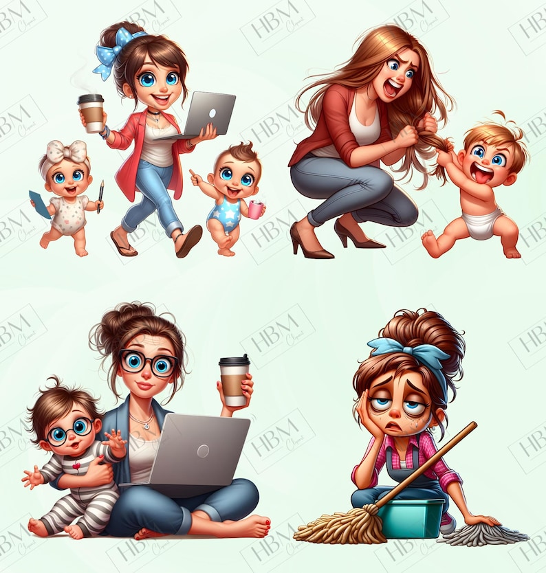 Funny Cartoon Mom Life Chaos Clipart Bundle, Exhausted Quirky Mother ...