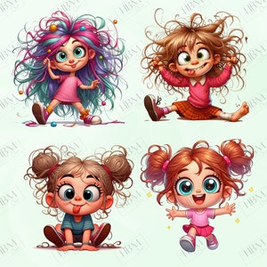 Funny Cartoon Quirky Girls Clipart Bundle, Children Sticker, Silly Kids ...