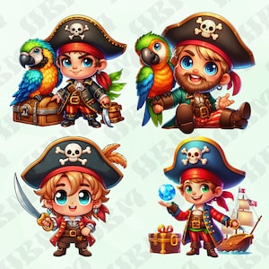 Cute Cartoon Pirate Clipart Bundle, Treasure Chest Sticker, Adorable ...