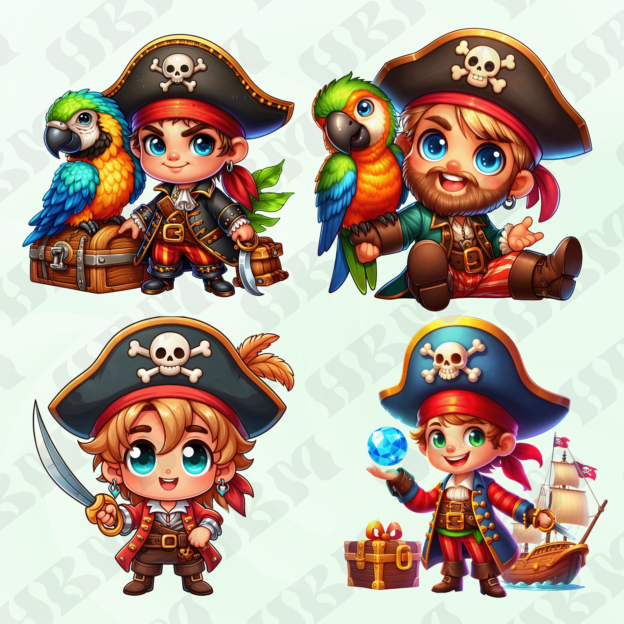 Cute Cartoon Pirate Clipart Bundle, Treasure Chest Sticker, Adorable ...
