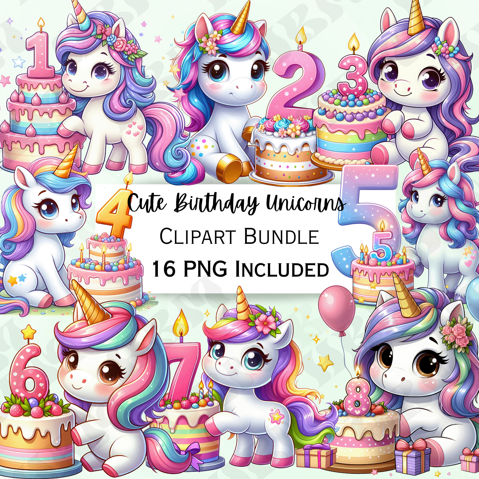 16 Cute Birthday Unicorn Clipart Bundle, Cartoon Sticker, Adorable ...