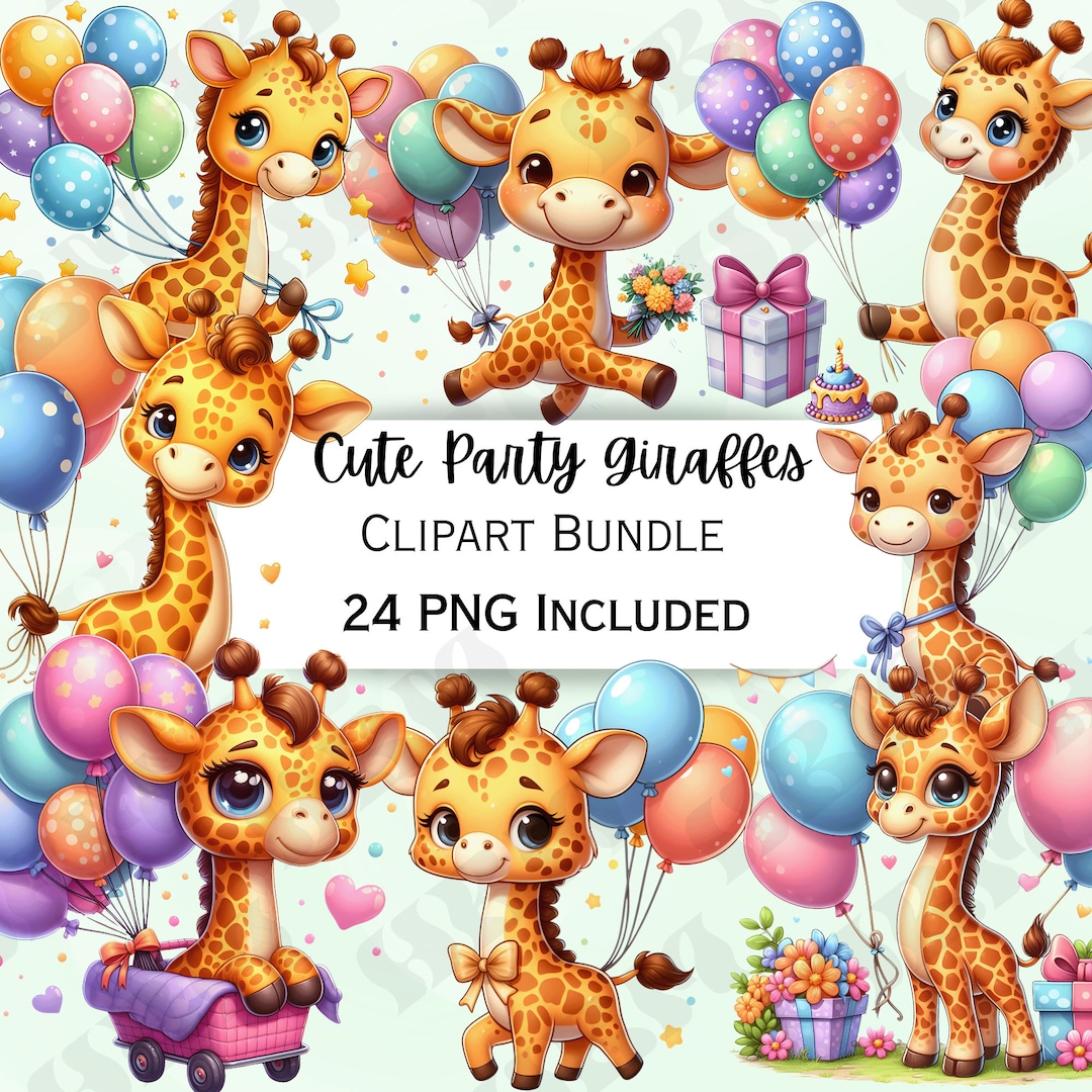 24 Cute Party Giraffes Clipart Bundle, Cartoon Balloon Stickers ...
