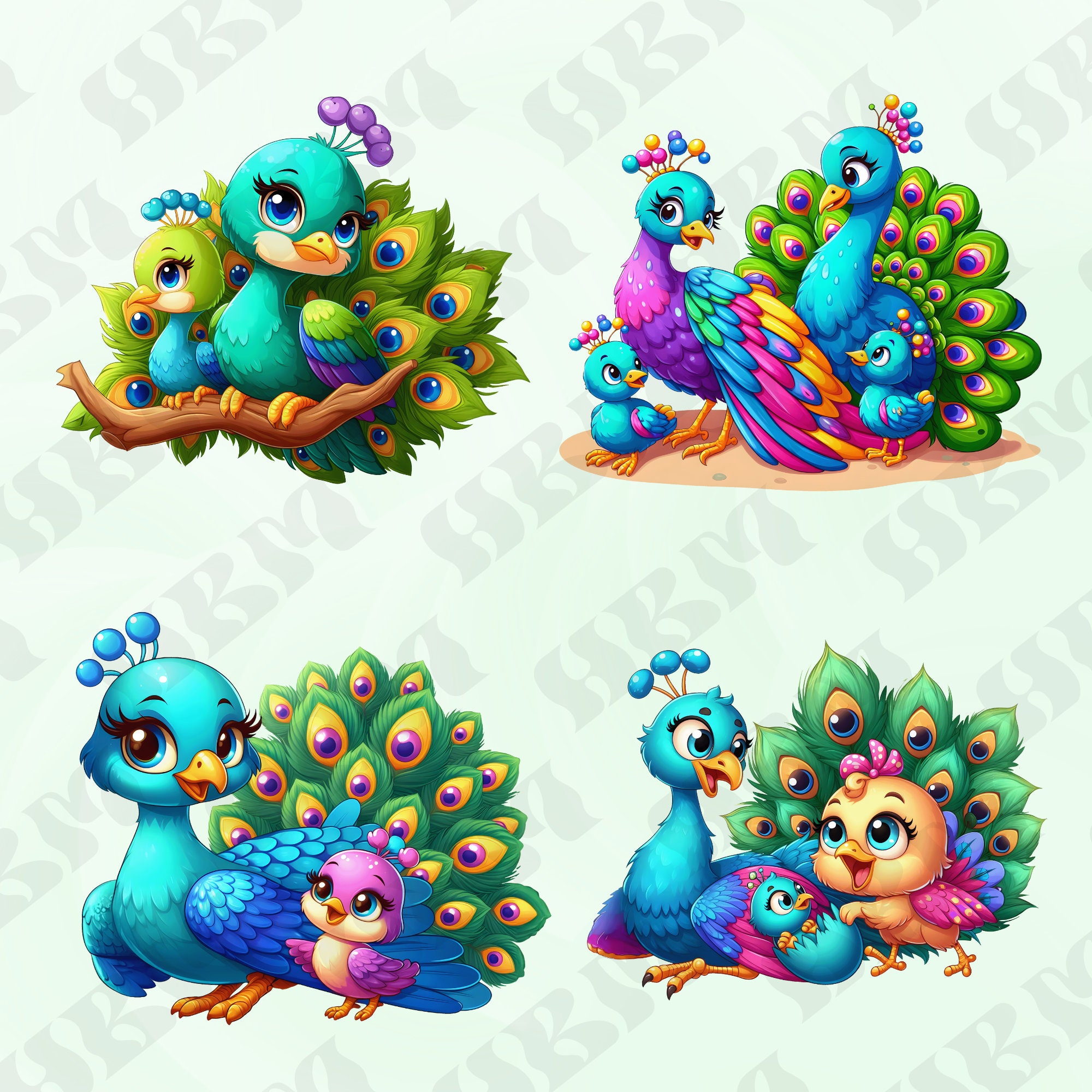 Cute Cartoon Peacocks Clipart Bundle, Wildlife Stickers, Adorable Baby ...