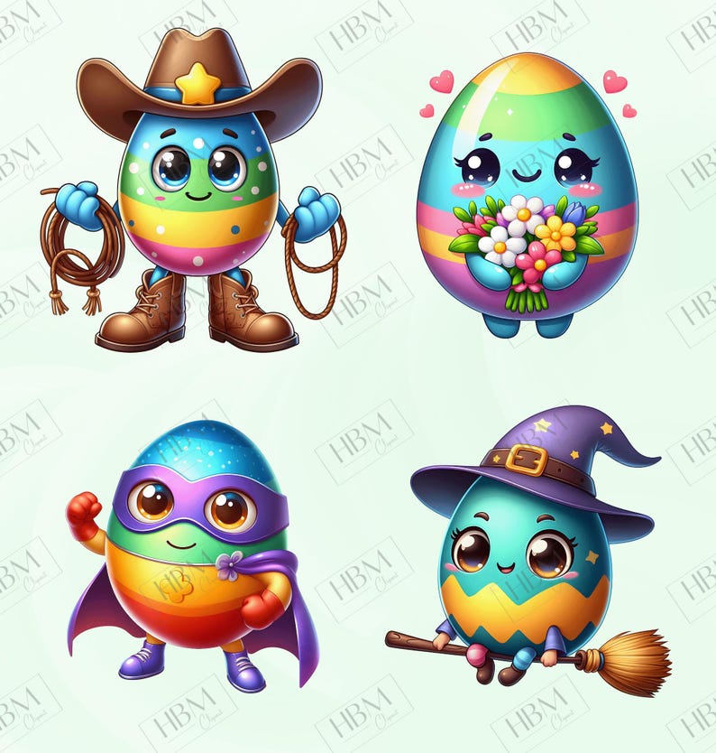 Cute Cartoon Easter Eggs Clipart Bundle, Adorable Vibrant Graphic ...