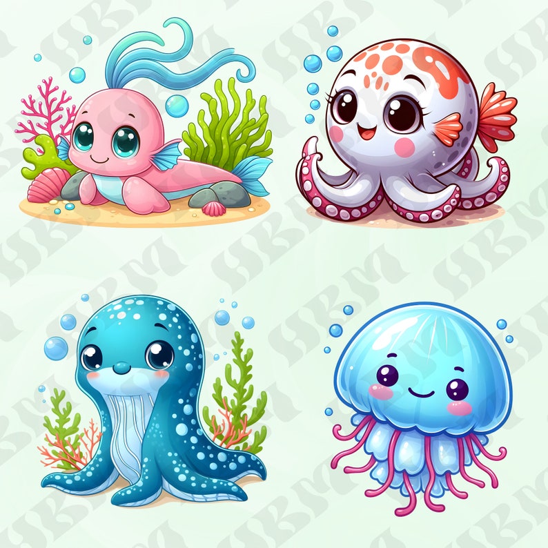 25 Cute Undersea Creatures Clipart Bundle, Jellyfish Nursery Decor ...