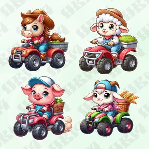Farm Animals on Four Wheelers Clipart Bundle, Cute Cartoon Sheep ...