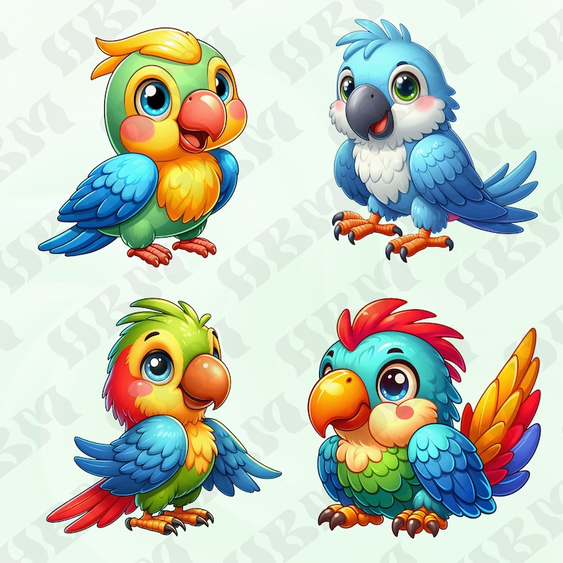 24 Cute Cartoon Parrot Clipart Bundle, Bird Nursery Decor, Colorful PNG ...