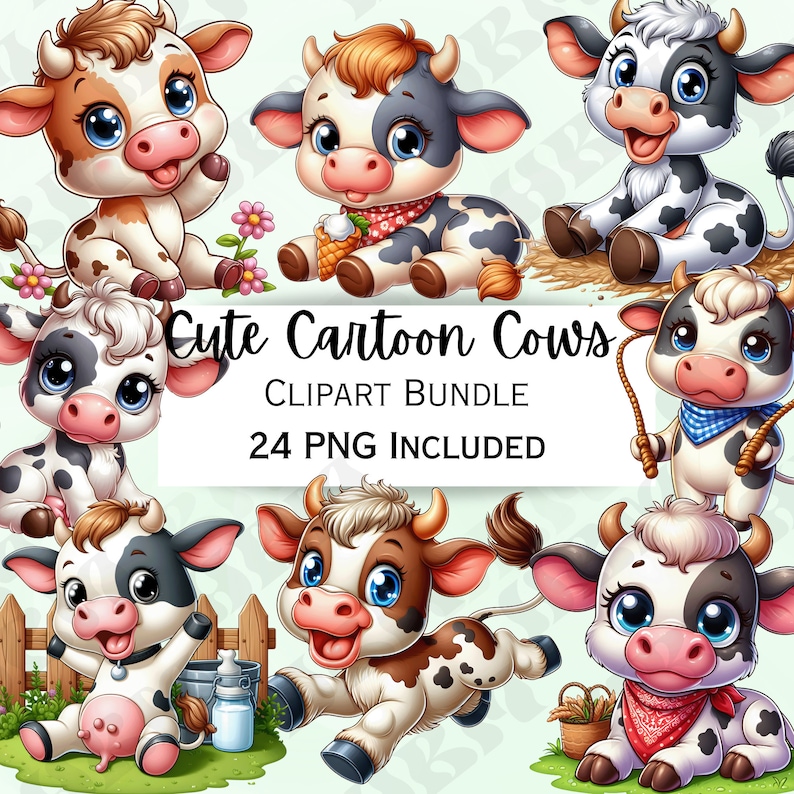24 Cute Cartoon Cows Clipart Bundle, Bull Stickers, Adorable Wall Art ...