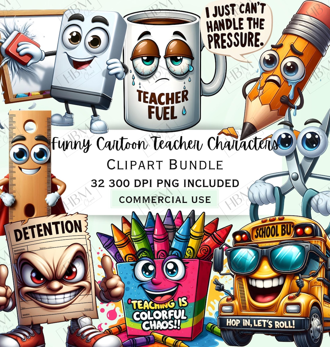 Funny Cartoon Teacher Characters Clipart Bundle, School Supplies PNG ...