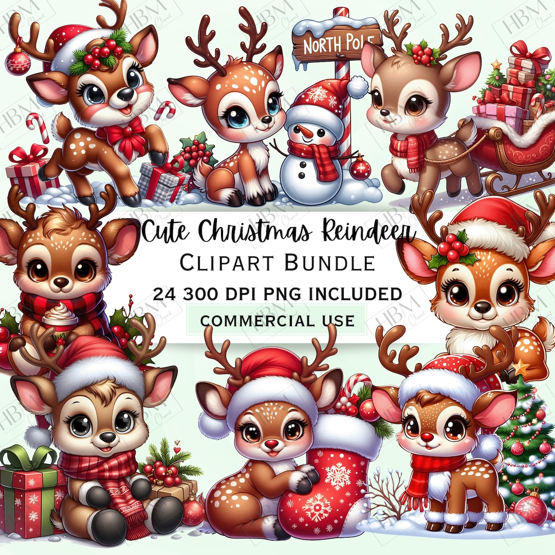 Cute Christmas Reindeer Clipart Bundle, Festive Baby Animal Sticker ...