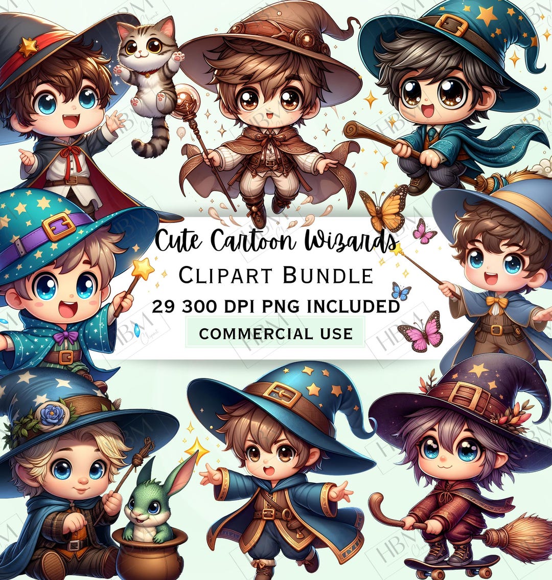 Cute Cartoon Wizards Clipart Bundle, Magic Sticker, Adorable Kids ...