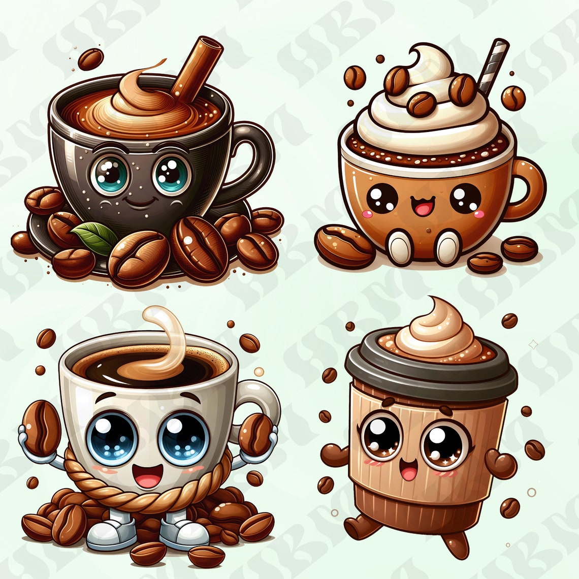 24 Cute Coffee Characters Clipart Bundle, Caffeine Card Making ...