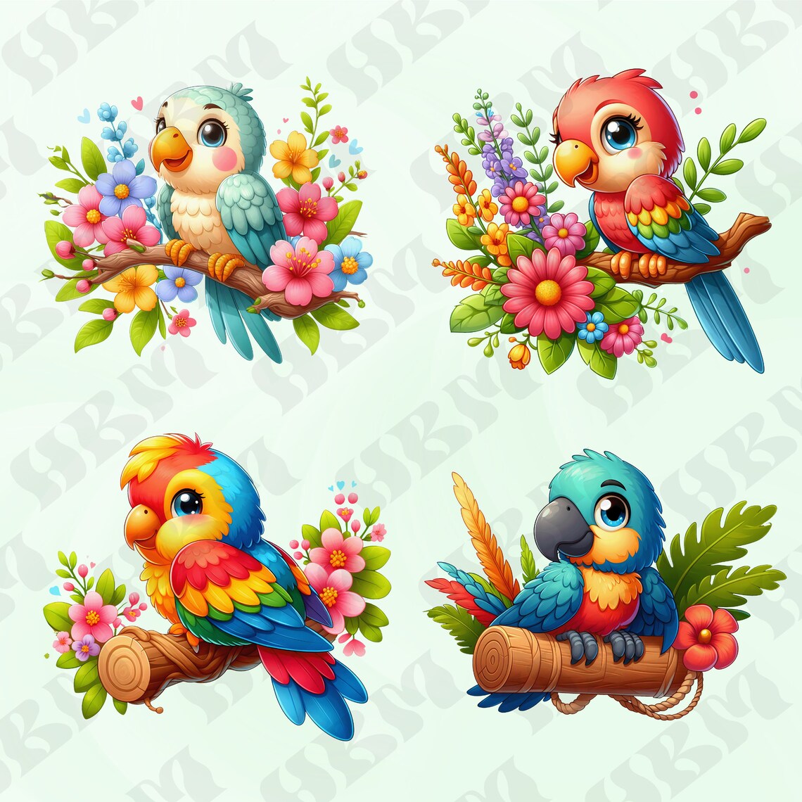24 Cute Cartoon Spring Parrot Clipart Bundle, Daisies Nursery Decor ...