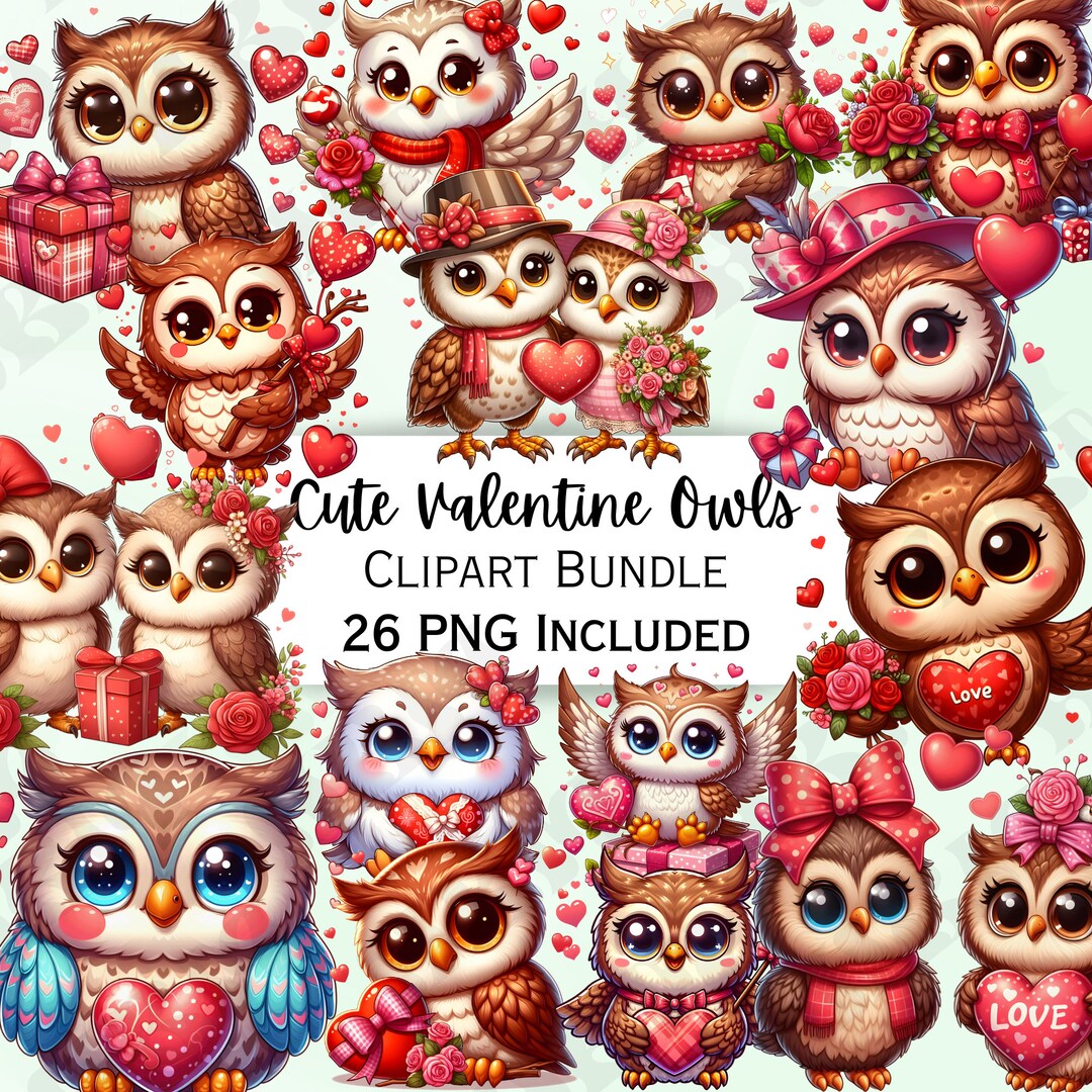 Cute Valentine's Day Owl Clipart Bundle, Whimsical Bird Characters ...