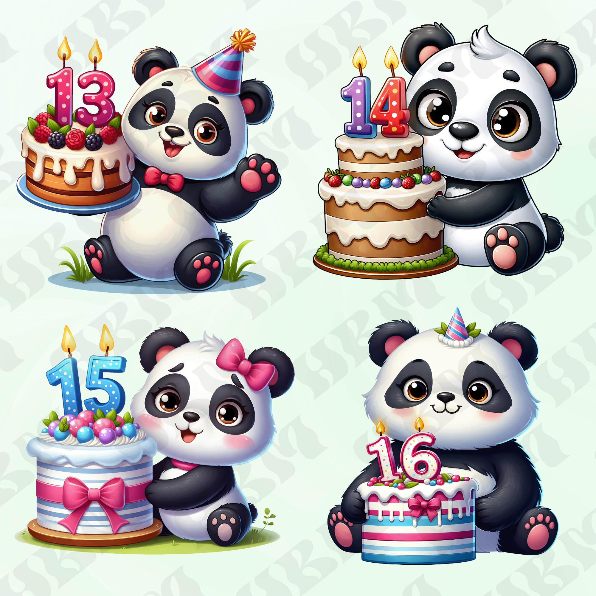 16 Cute Birthday Pandas Clipart Bundle, Cartoon Sticker, Adorable Party ...