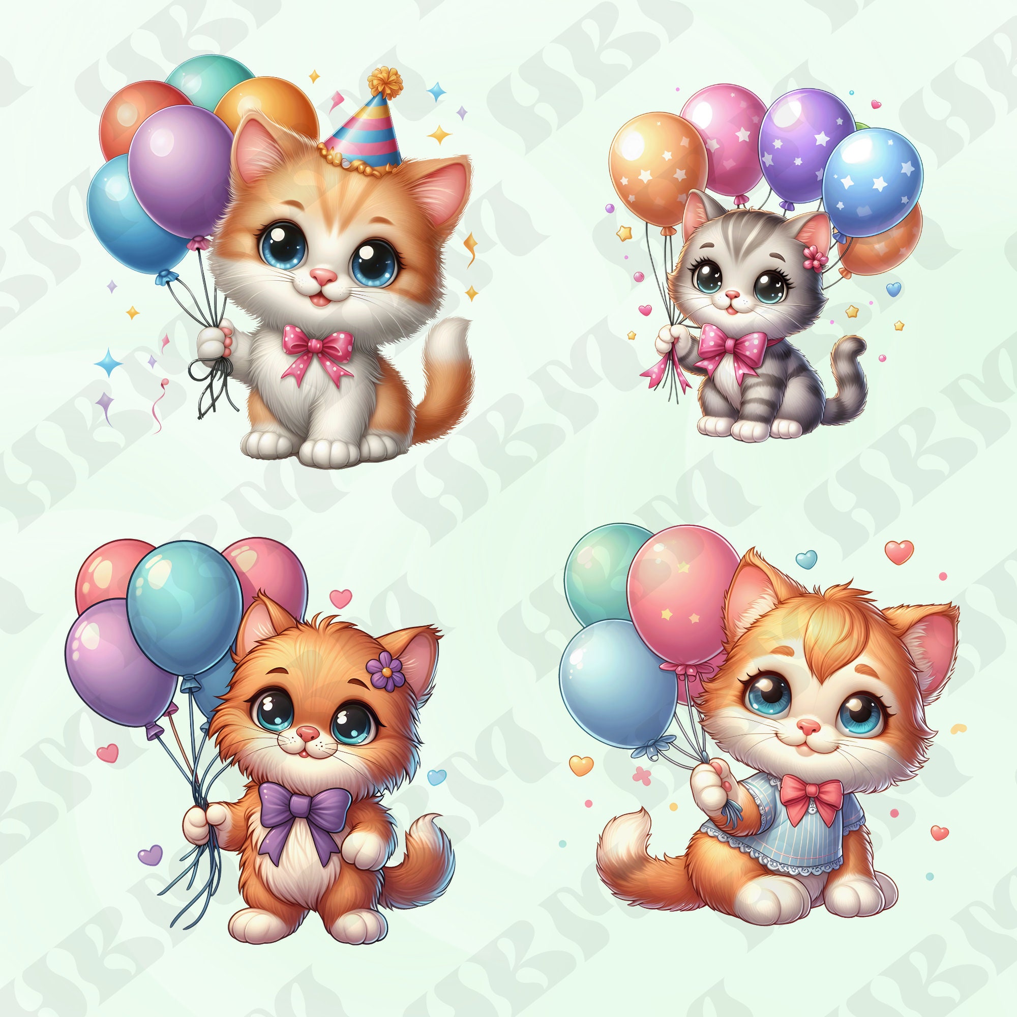 Cute Party Kittens Clipart Bundle, Cartoon Cat Balloon Sticker ...