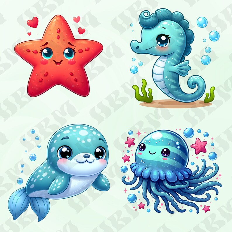 25 Cute Undersea Creatures Clipart Bundle, Jellyfish Nursery Decor ...