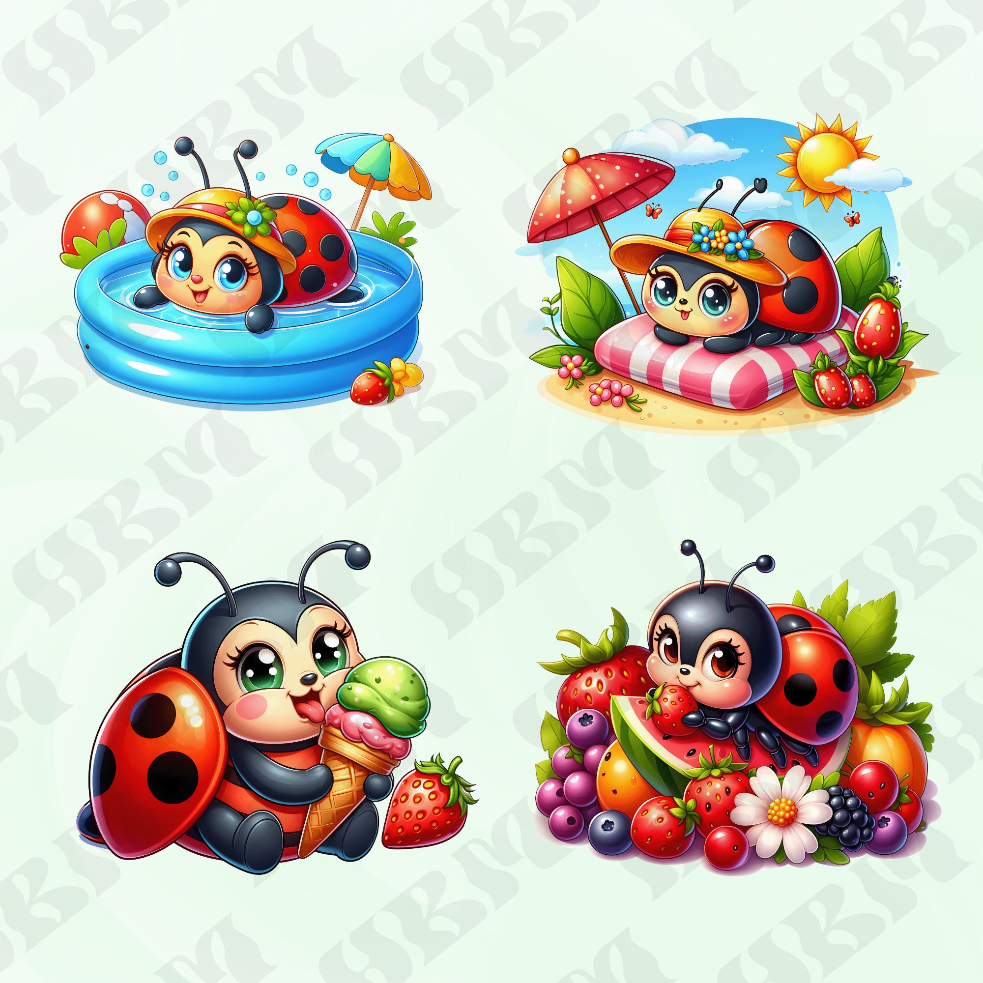 Cute Cartoon Lady Bugs Summer Clipart Bundle, Surf Nursery Decor, Beach ...