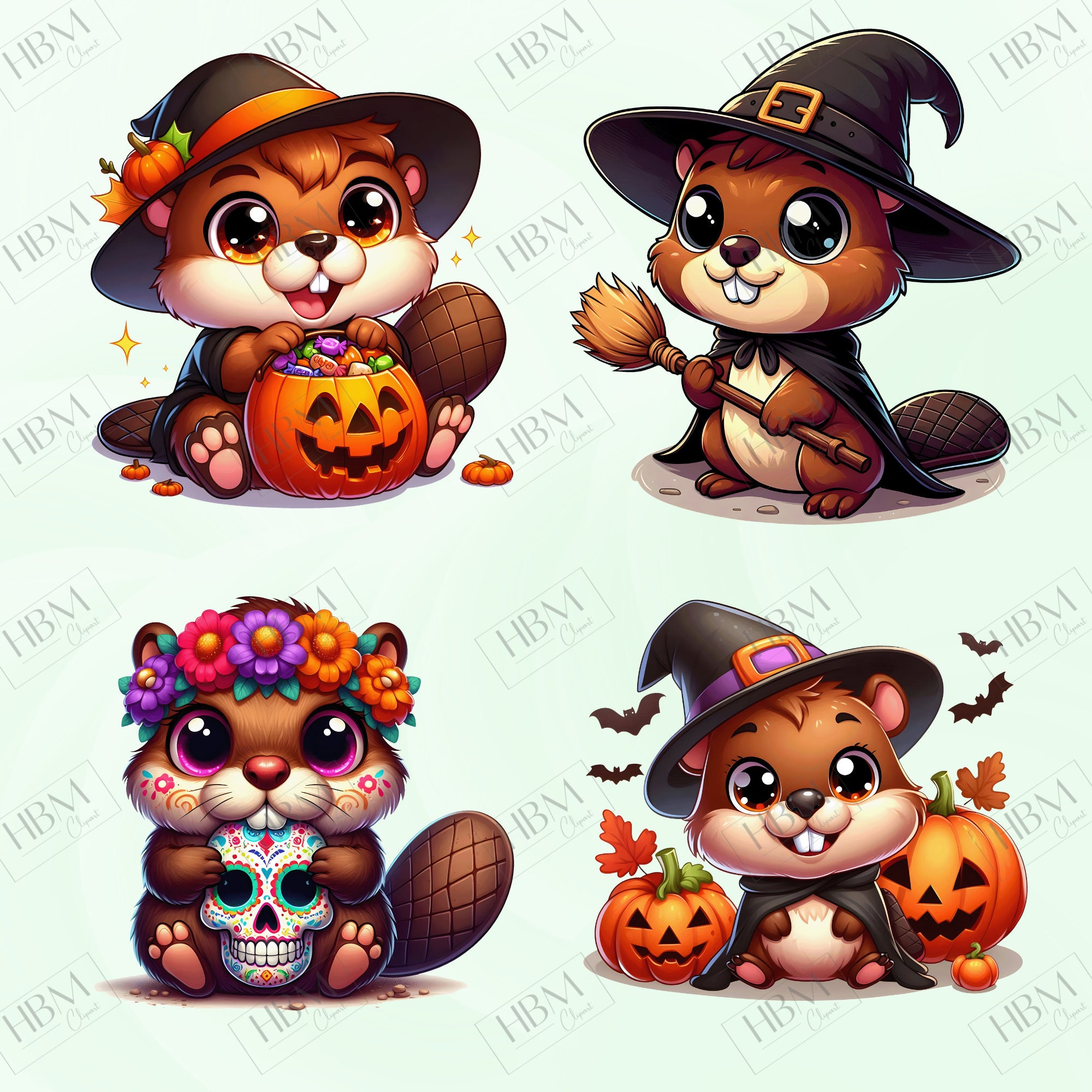 Cute Cartoon Halloween Beaver Clipart Bundle, Spooky Festive Stickers ...