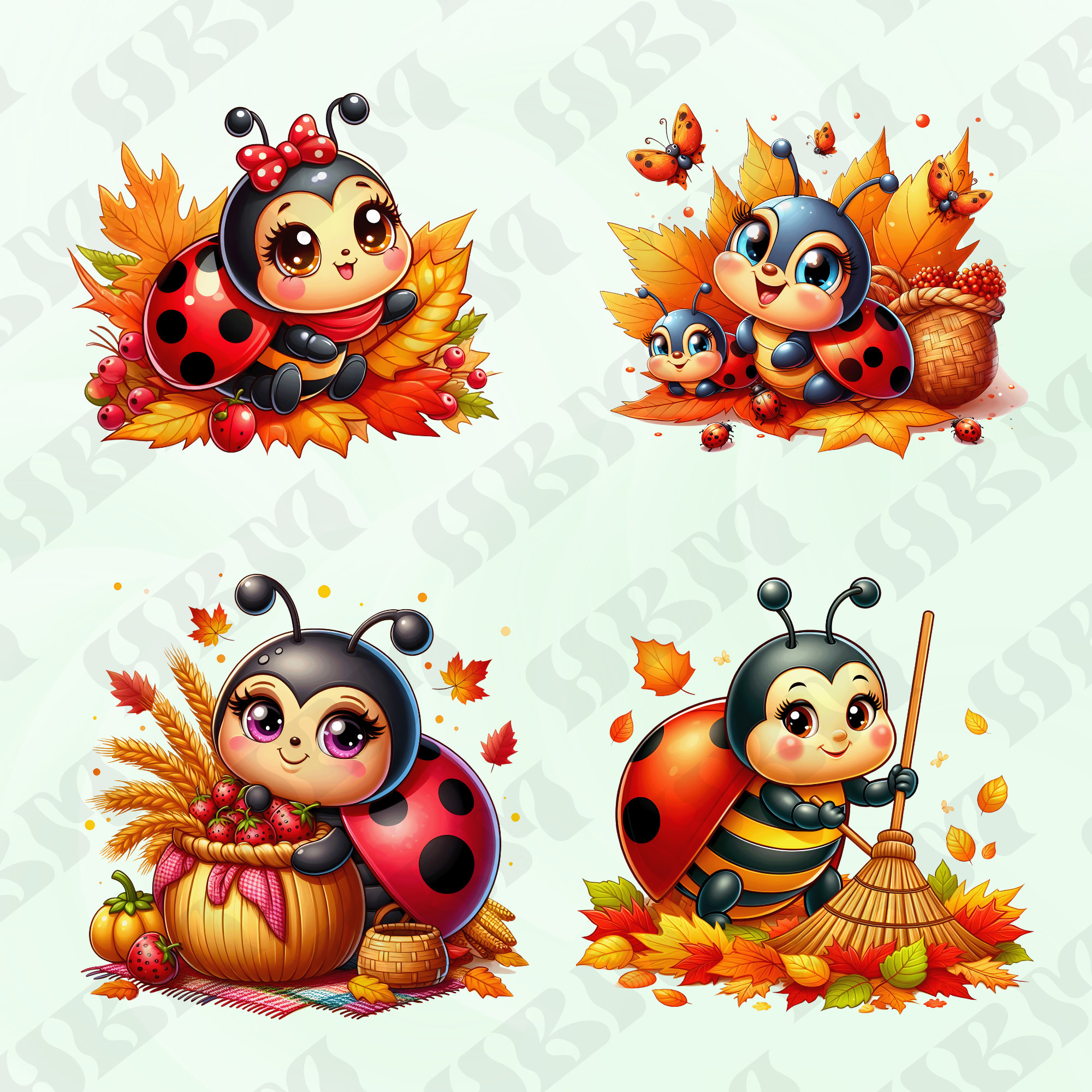 Cute Cartoon Autumn Lady Bug Clipart Bundle, Fall Nursery Decor, Leaves ...