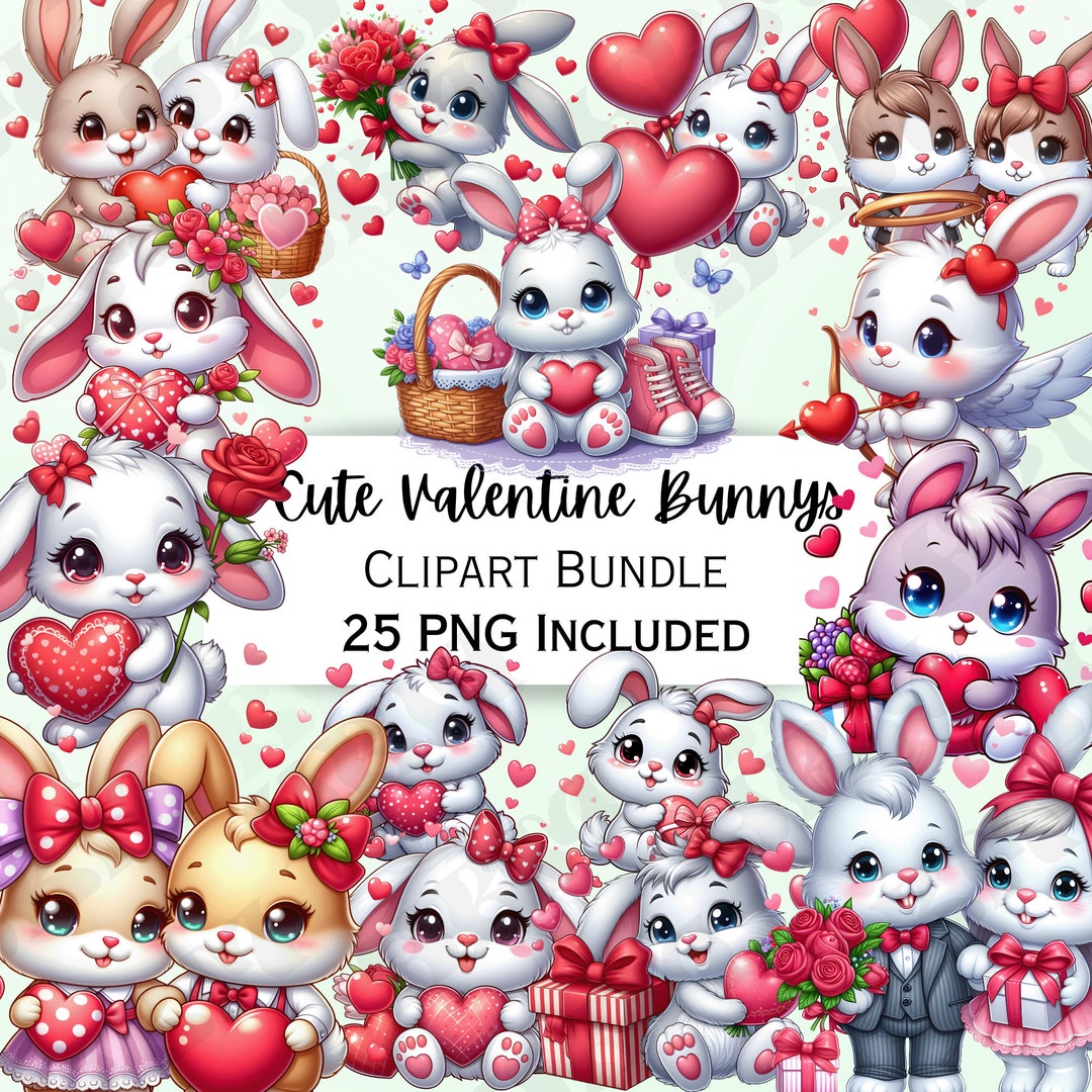 25 Cute Valentines Day Bunny Clipart Bundle, Rabbit Card Making, Hare ...