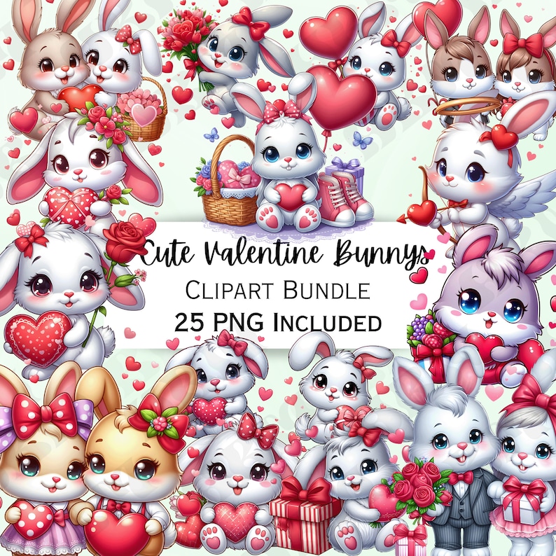 25 Cute Valentines Day Bunny Clipart Bundle, Rabbit Card Making, Hare ...
