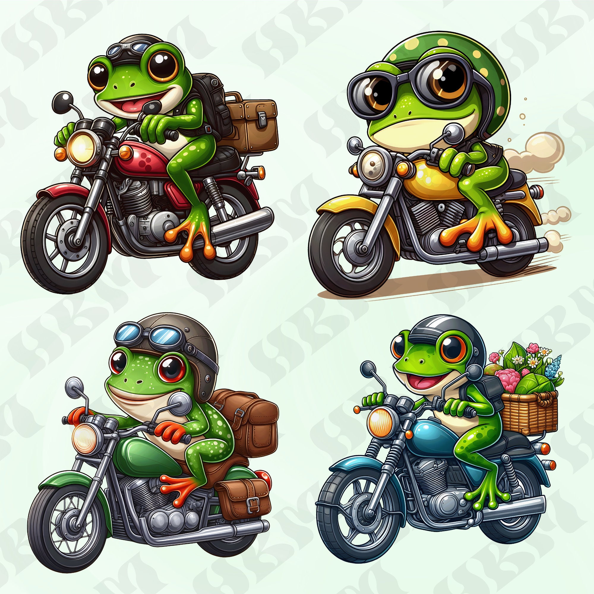 24 Cute Frogs Riding Motorbikes Clipart Bundle, Tadpole Stickers ...