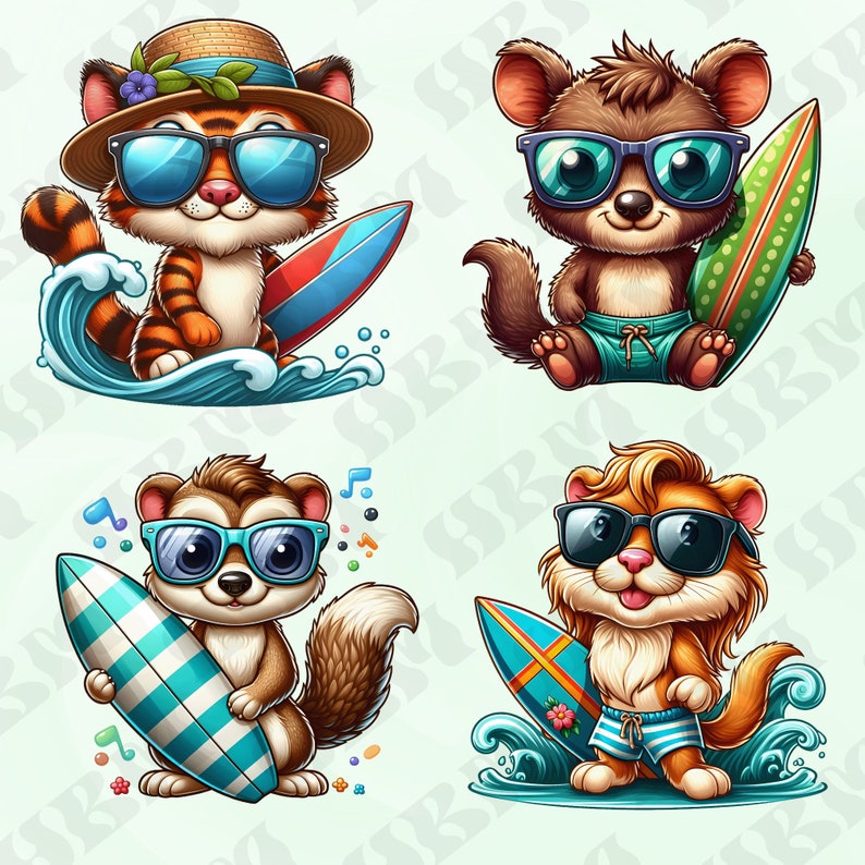 25 Cute Surfer Animals Clipart Bundle, Teddy Nursery Decor, Cat Baby ...