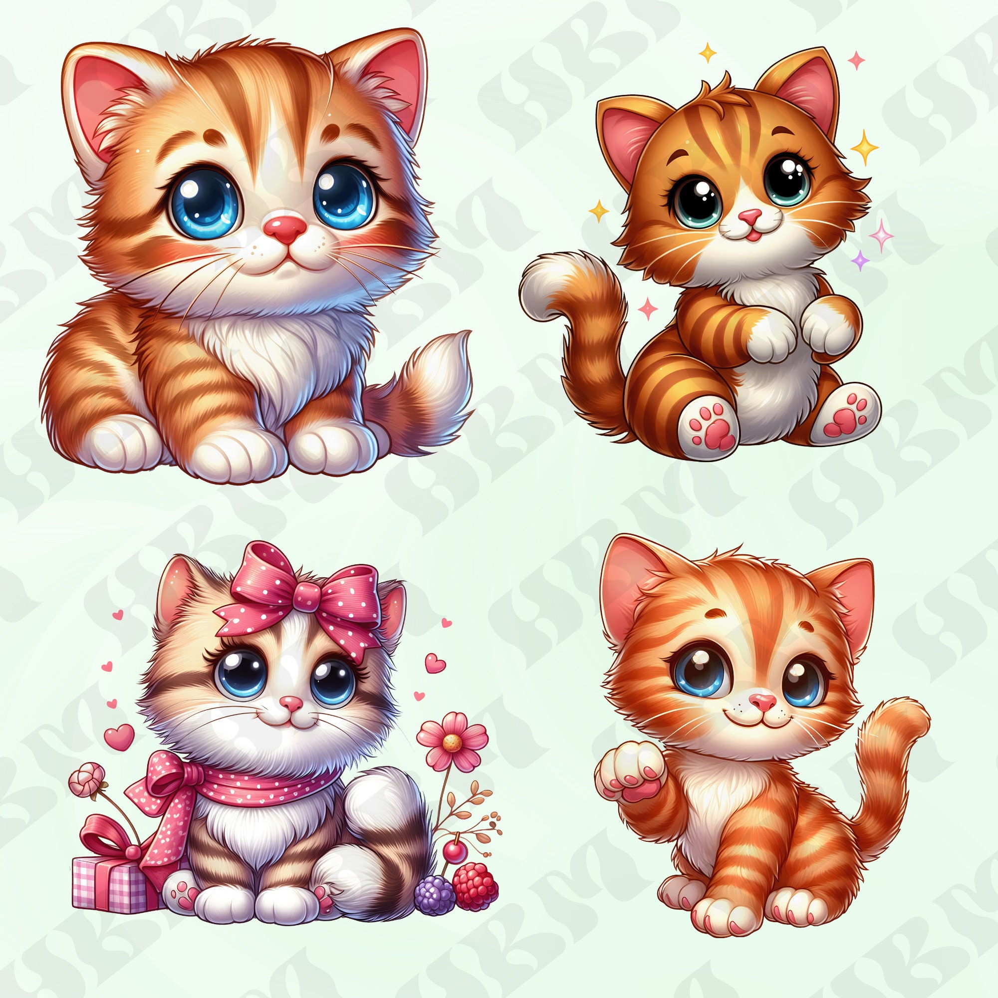 24 Cute Cartoon Cats Clipart Bundle, Kitten Stickers, Adorable Wall Art ...