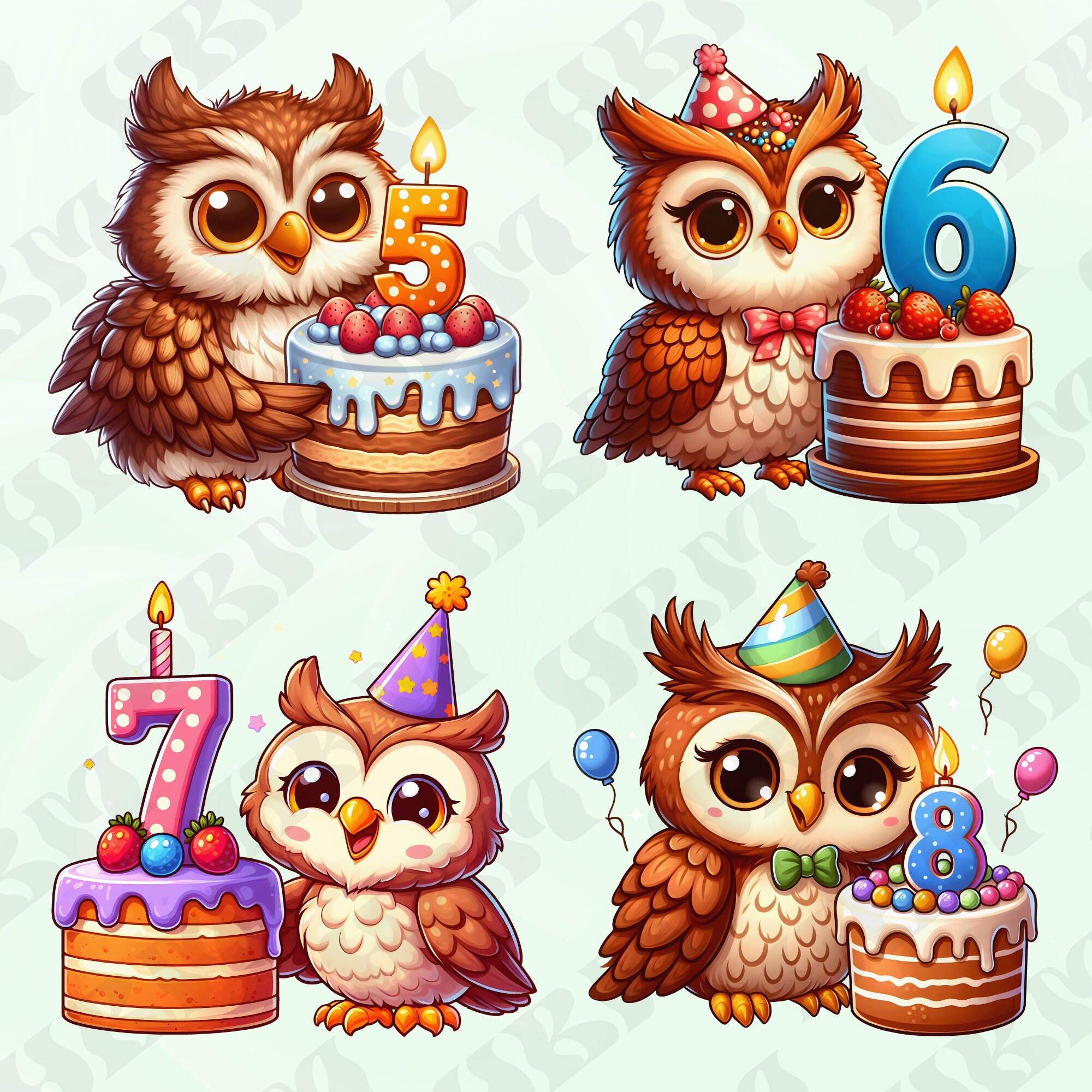 16 Cute Birthday Owl Clipart Bundle, Cartoon Cake Sticker, Adorable ...