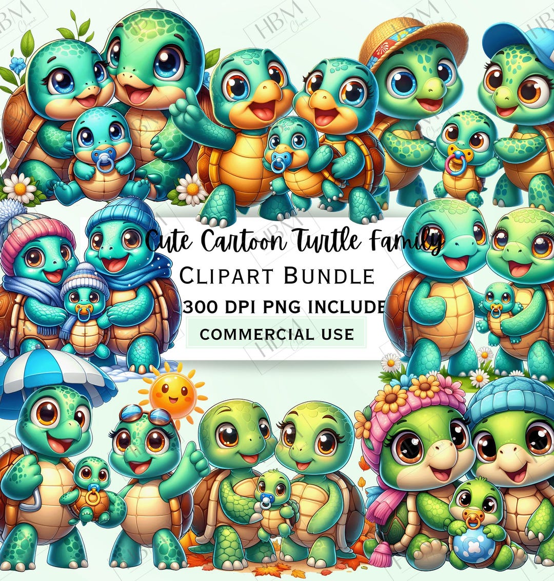 Cute Cartoon Turtle Family Clipart Bundle, Baby Tortious Sticker ...
