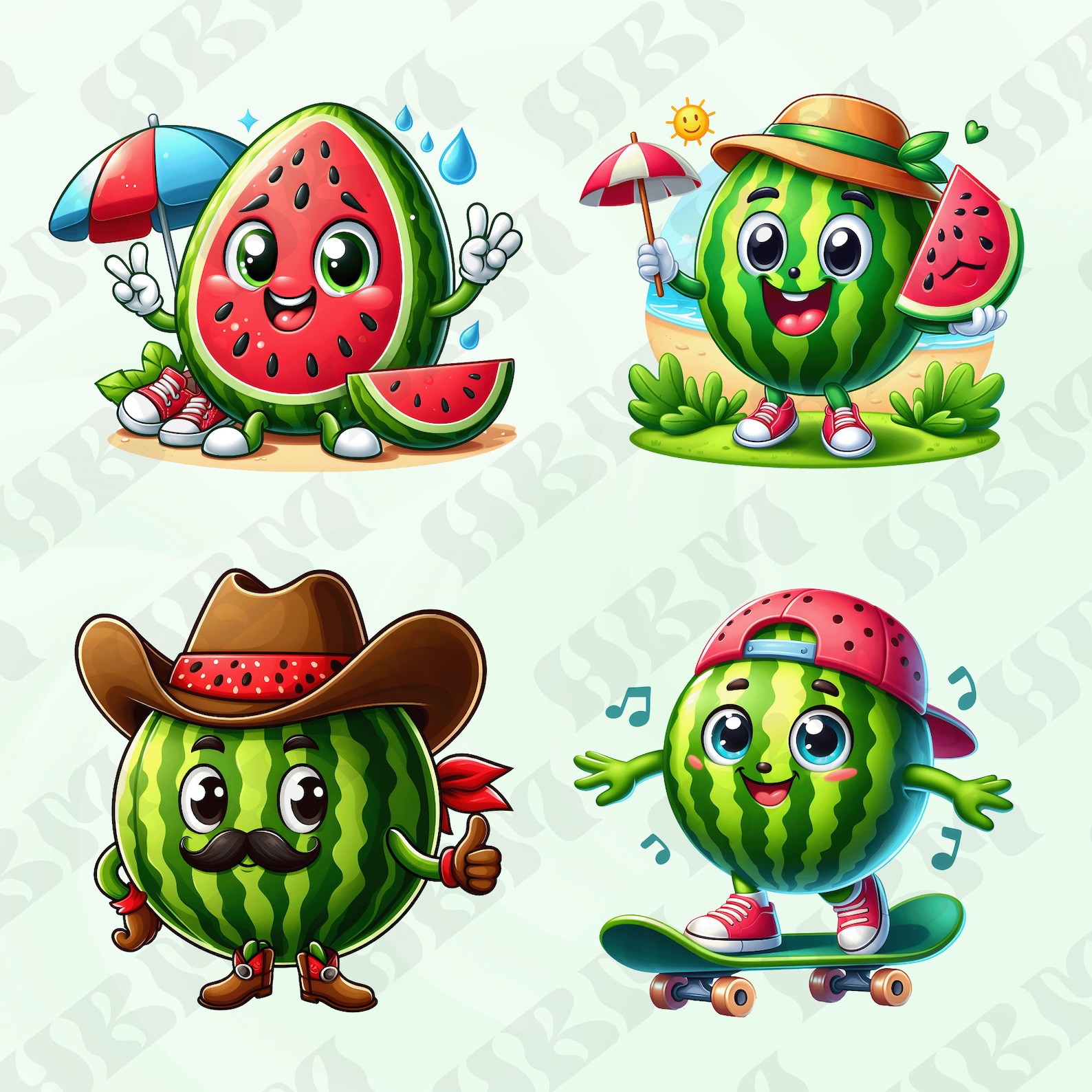 Cute Cartoon Watermelon Clipart Bundle, Tropical Fruit Sticker ...