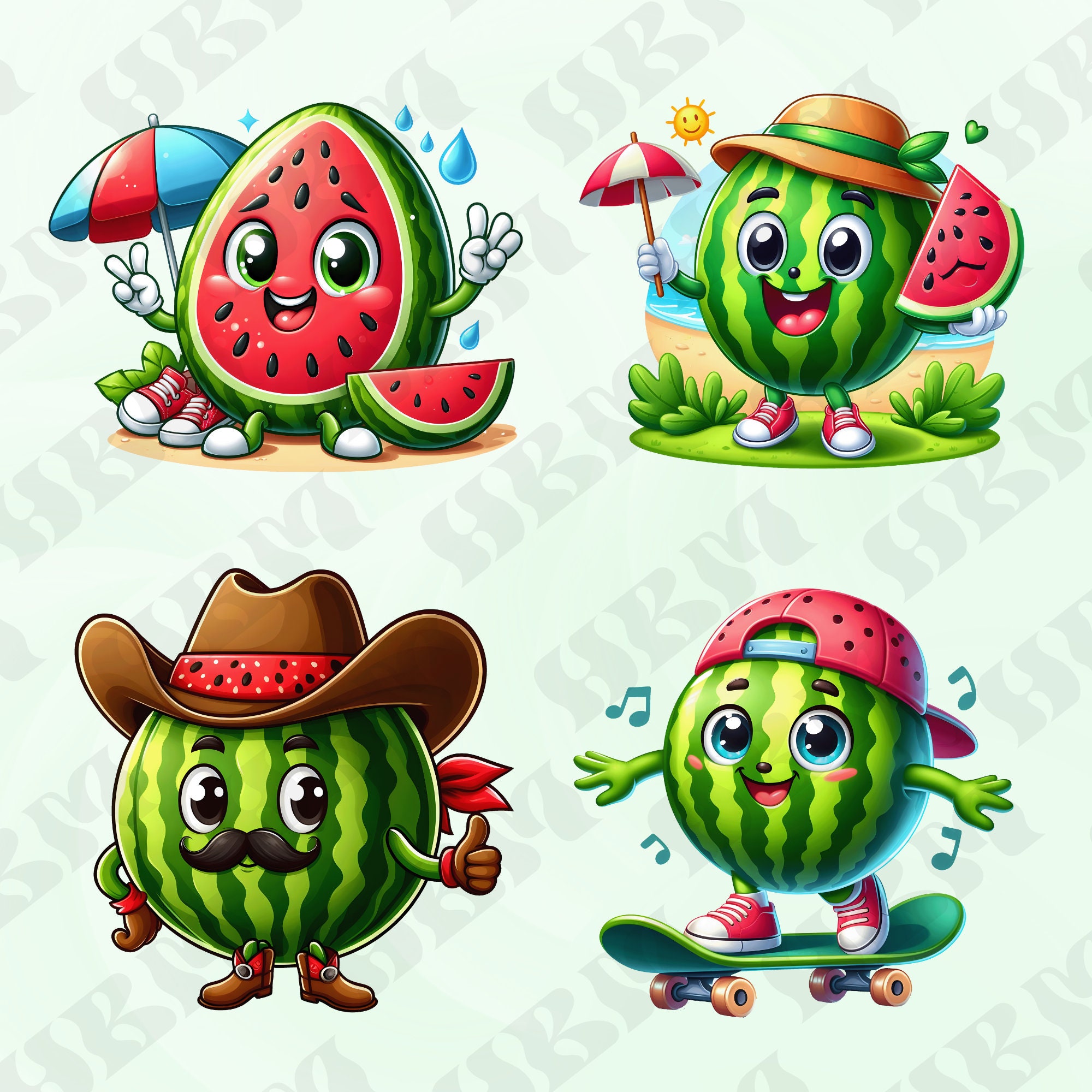 Cute Cartoon Watermelon Clipart Bundle, Tropical Fruit Sticker ...