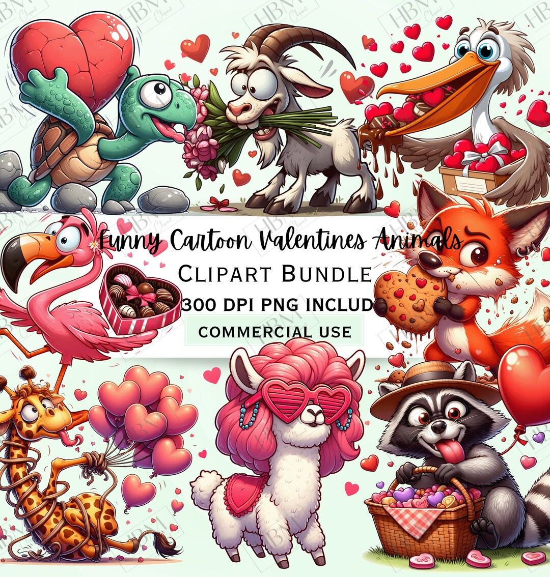 Funny Cartoon Valentine's Animals Clipart Bundle, Quirky Love Sticker ...