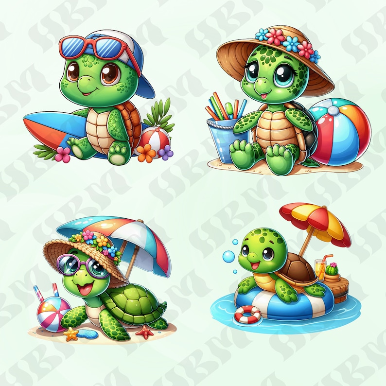 24 Cute Cartoon Turtle Summer Clipart Bundle, Surf Nursery Decor, Beach ...