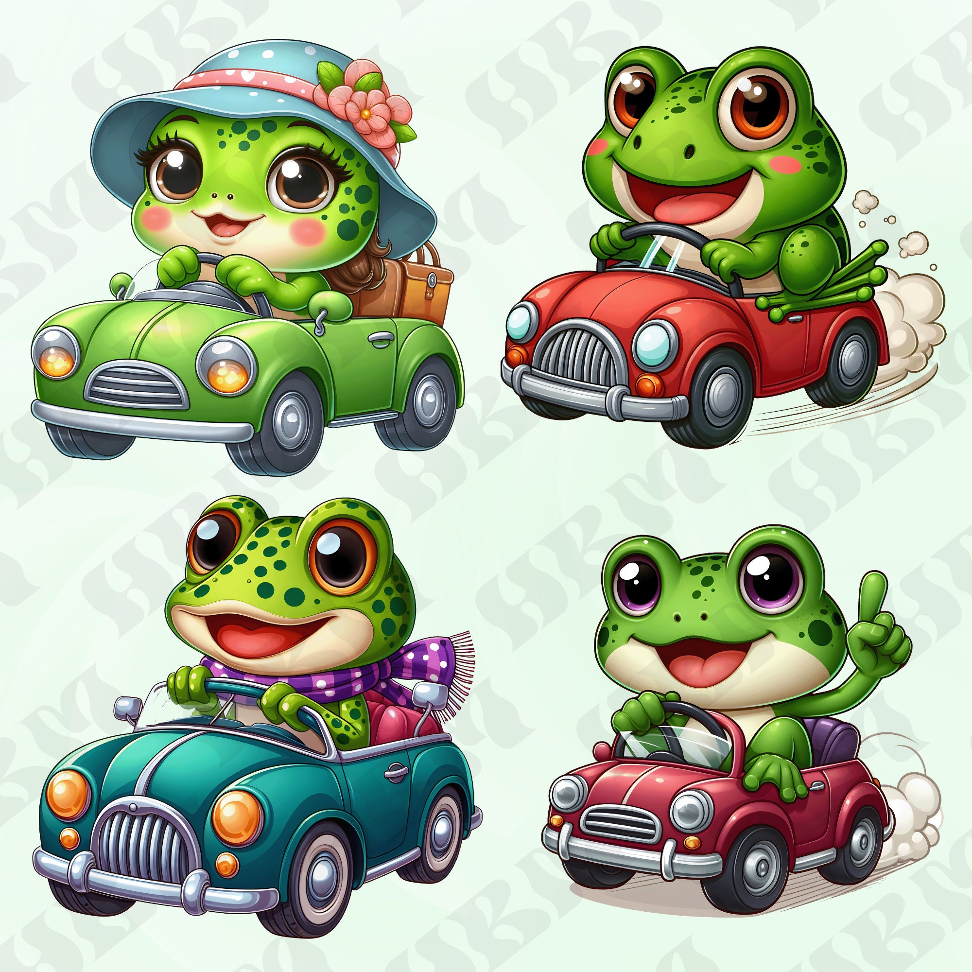 24 Cute Frogs Driving Cars Clipart Bundle, Tadpole Stickers, Adorable ...