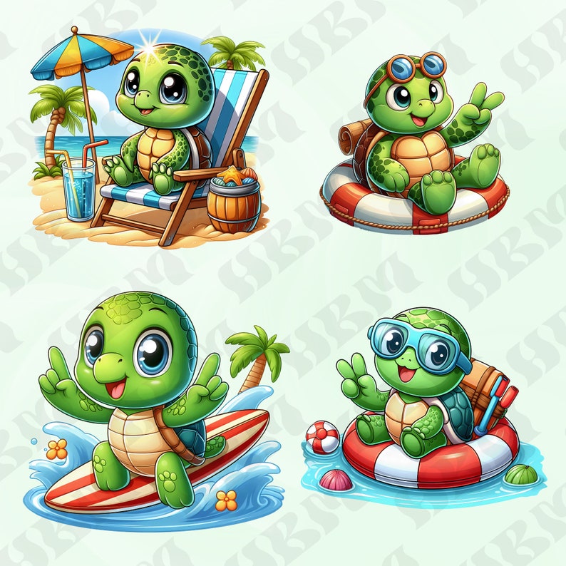 24 Cute Cartoon Turtle Summer Clipart Bundle, Surf Nursery Decor, Beach ...