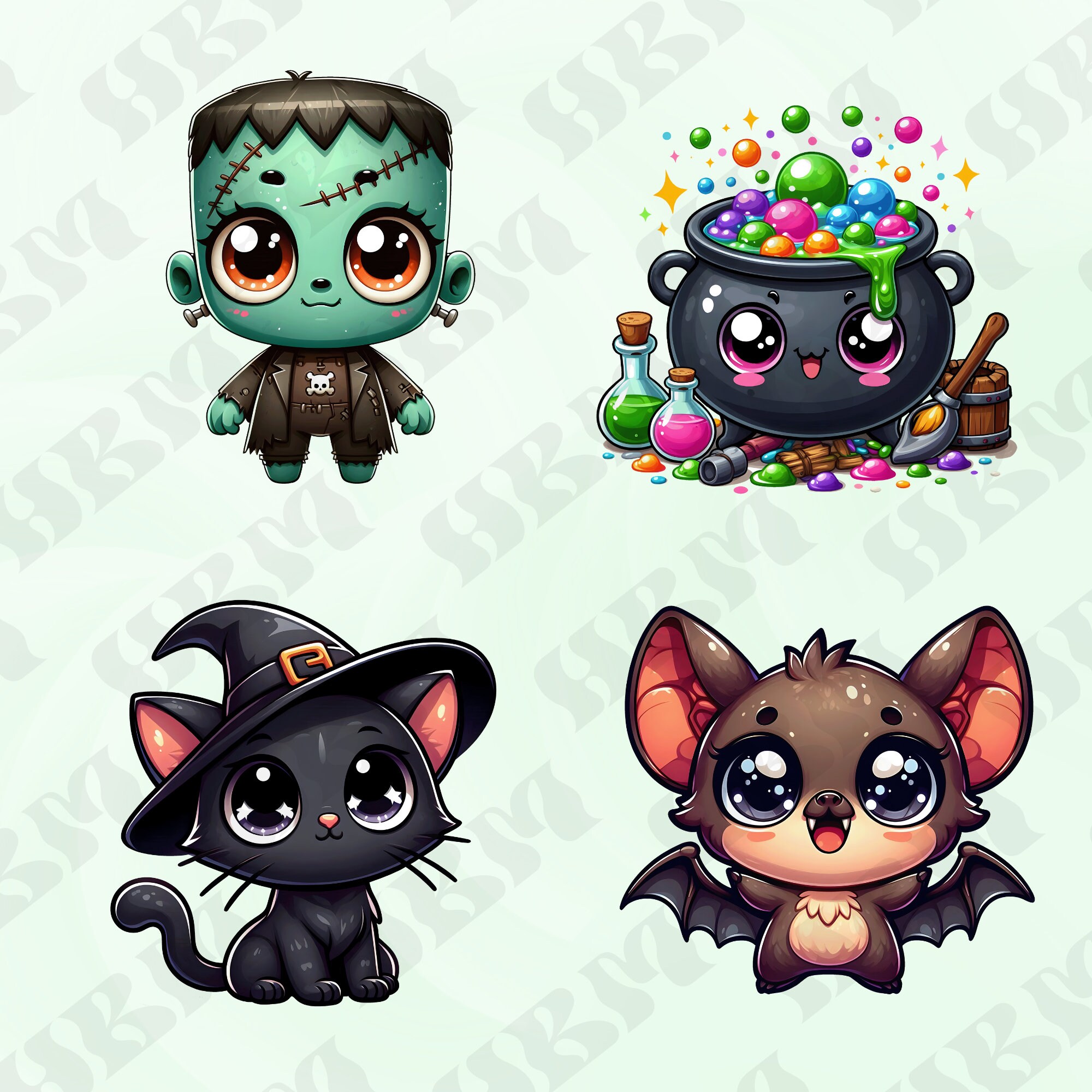 Cute Spooky Cartoon Halloween Clipart Bundle, Pumpkin Stickers ...