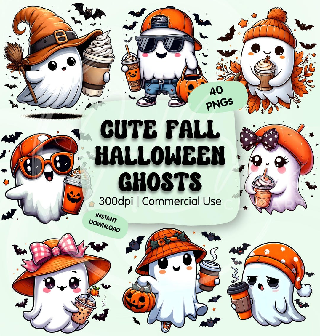 Cute Fall Halloween Ghost Clipart Bundle, Spooky Autumn Coffee Ghosts ...
