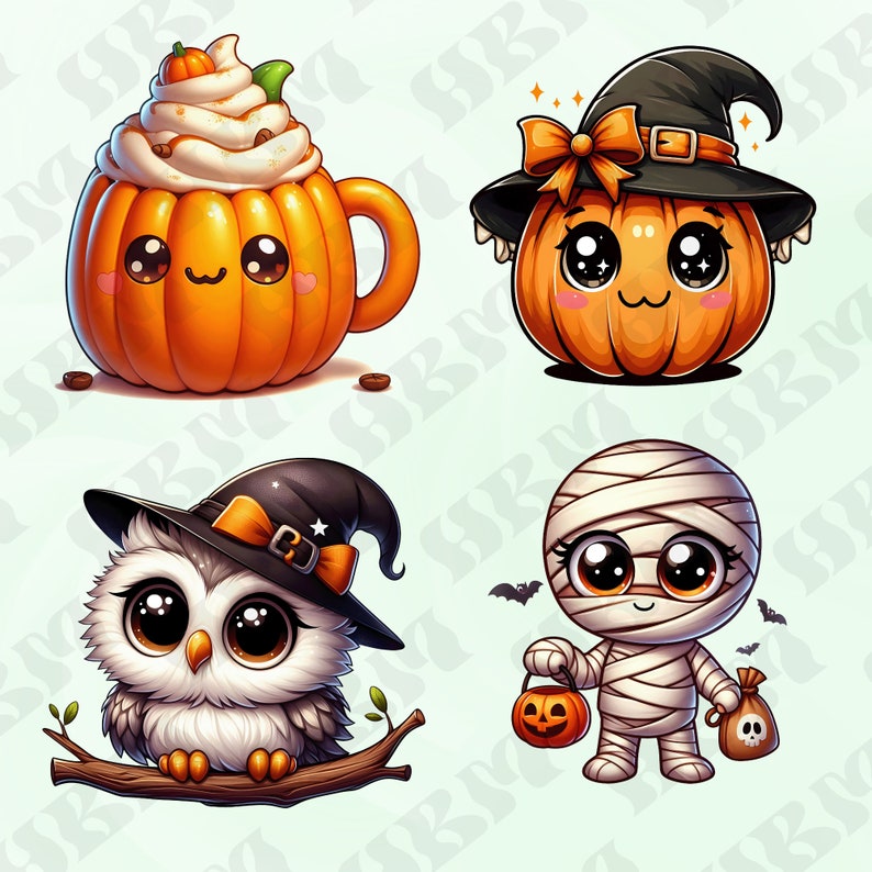 Cute Spooky Cartoon Halloween Clipart Bundle, Pumpkin Stickers ...
