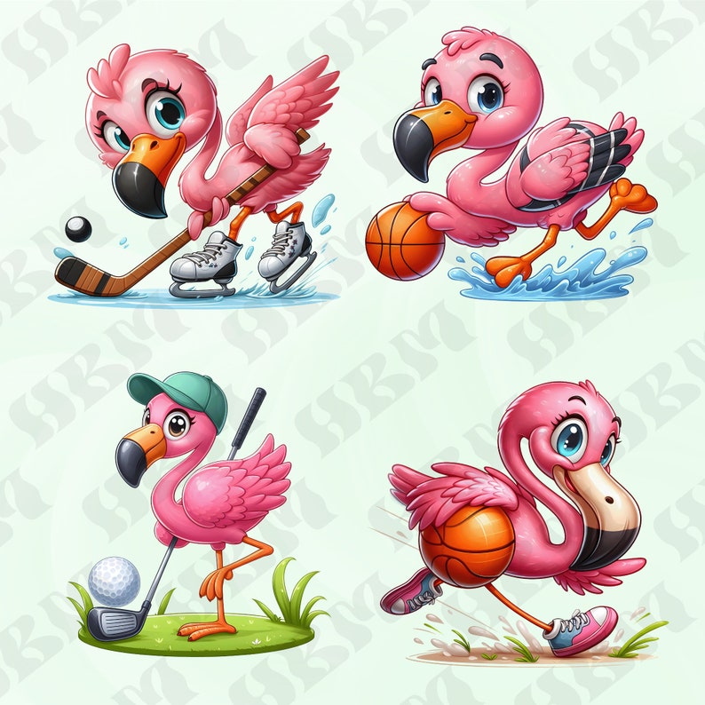 Cute Cartoon Sporty Flamingos Clipart Bundle, Bird Nursery Decor ...