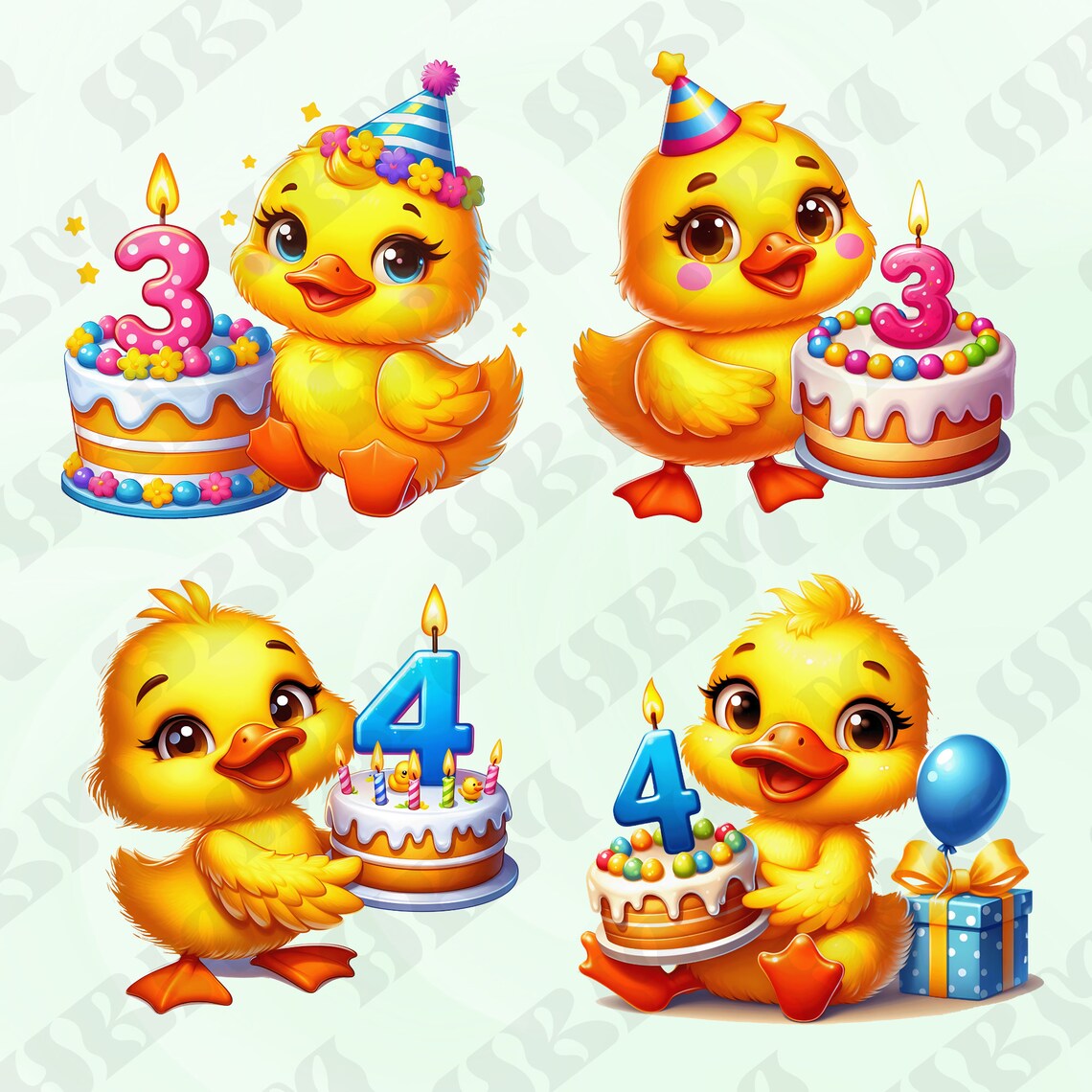 Cute Birthday Yellow Ducks Clipart Bundle, Cartoon Sticker, Adorable ...