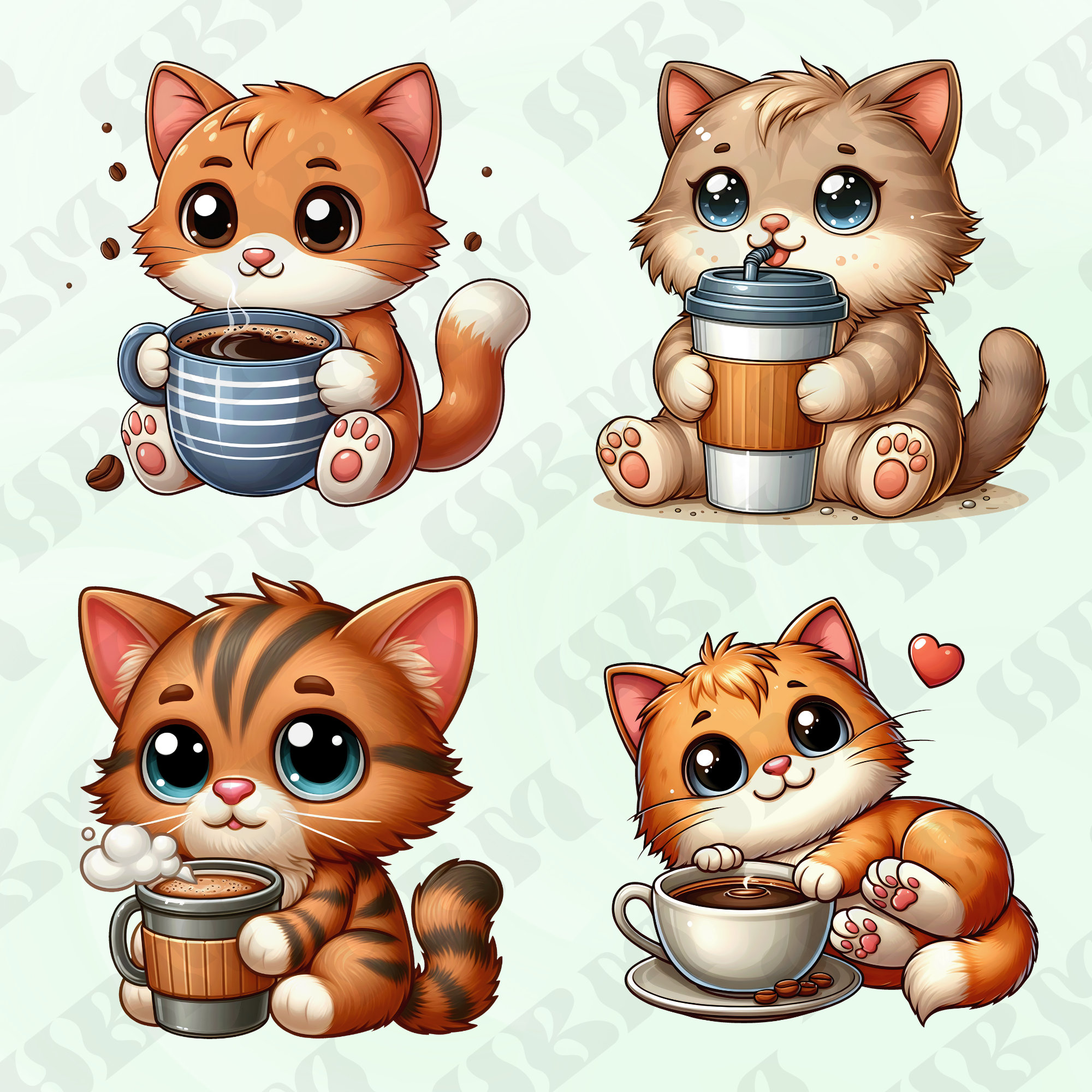 24 Cute Cartoon Cats Drinking Coffee Clipart Bundle, Kitten Stickers ...