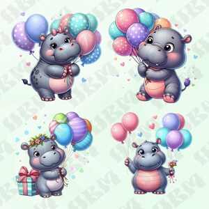 24 Cute Party Hippo Clipart Bundle, Cartoon Balloon Sticker, Adorable ...