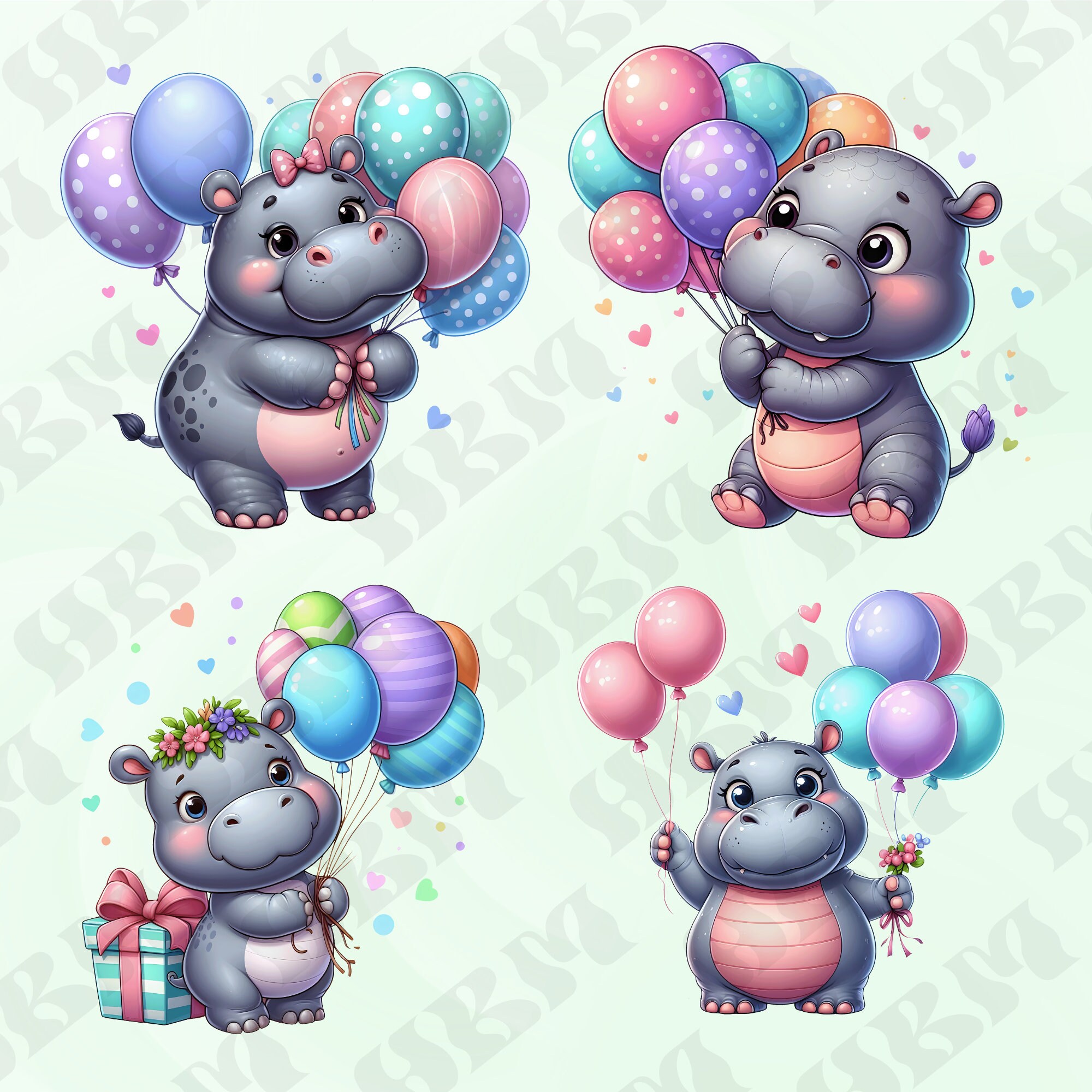 24 Cute Party Hippo Clipart Bundle, Cartoon Balloon Sticker, Adorable ...